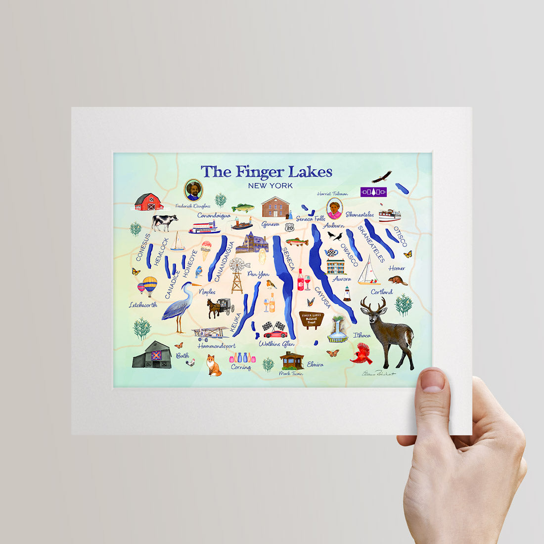 Finger Lakes NY Illustrated Map, Hand Painted Illustration - Fine Art ...